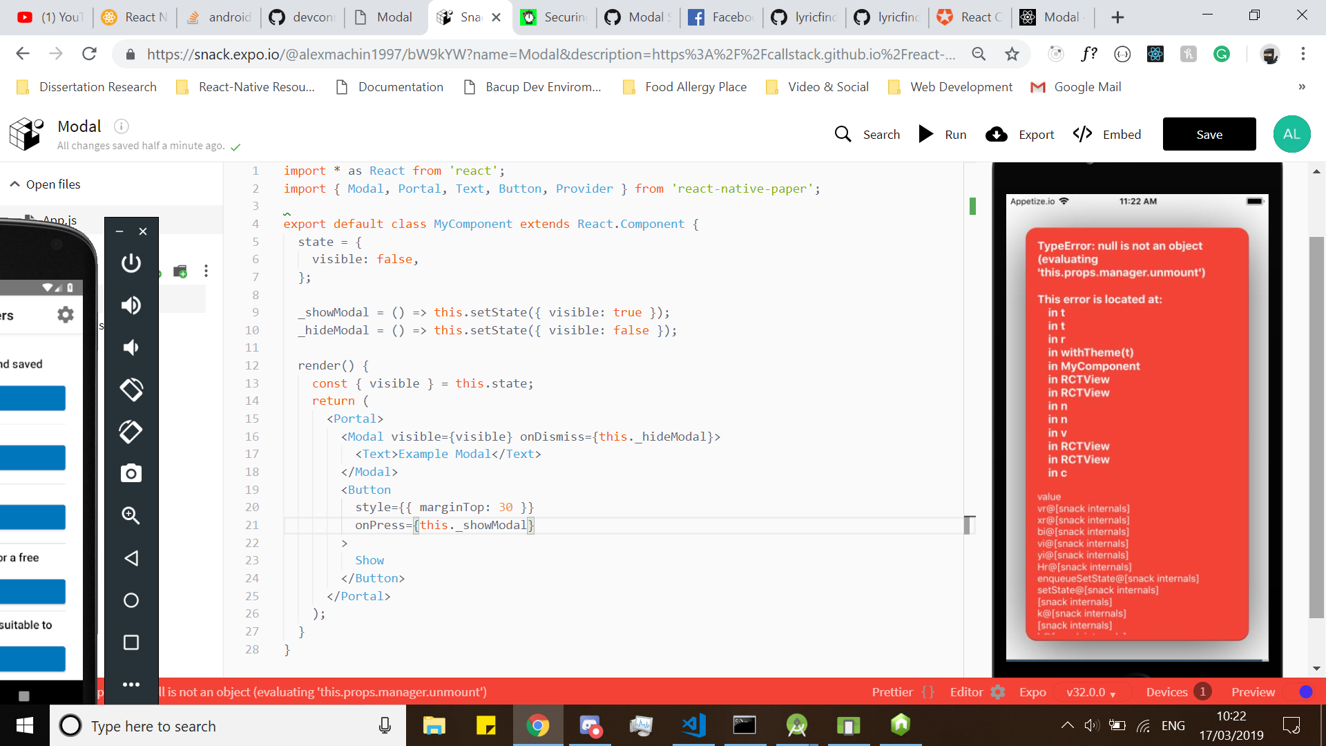 Modal Snack example is not working · Issue #918 · callstack/react-native-paper · GitHub