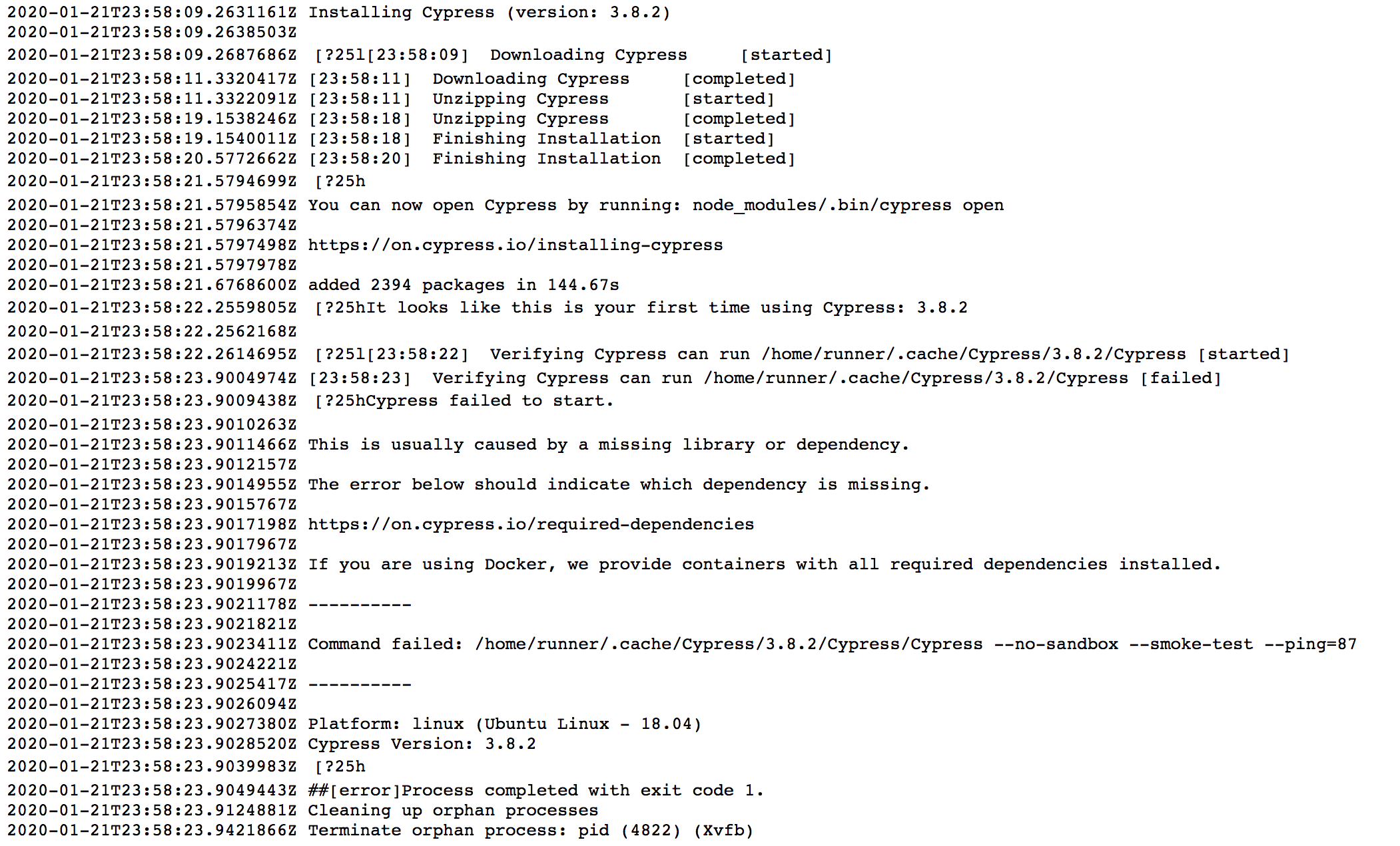 Is this action missing some required dependency for Cypress 3.8.2? · Issue #65 · cypress-io ...