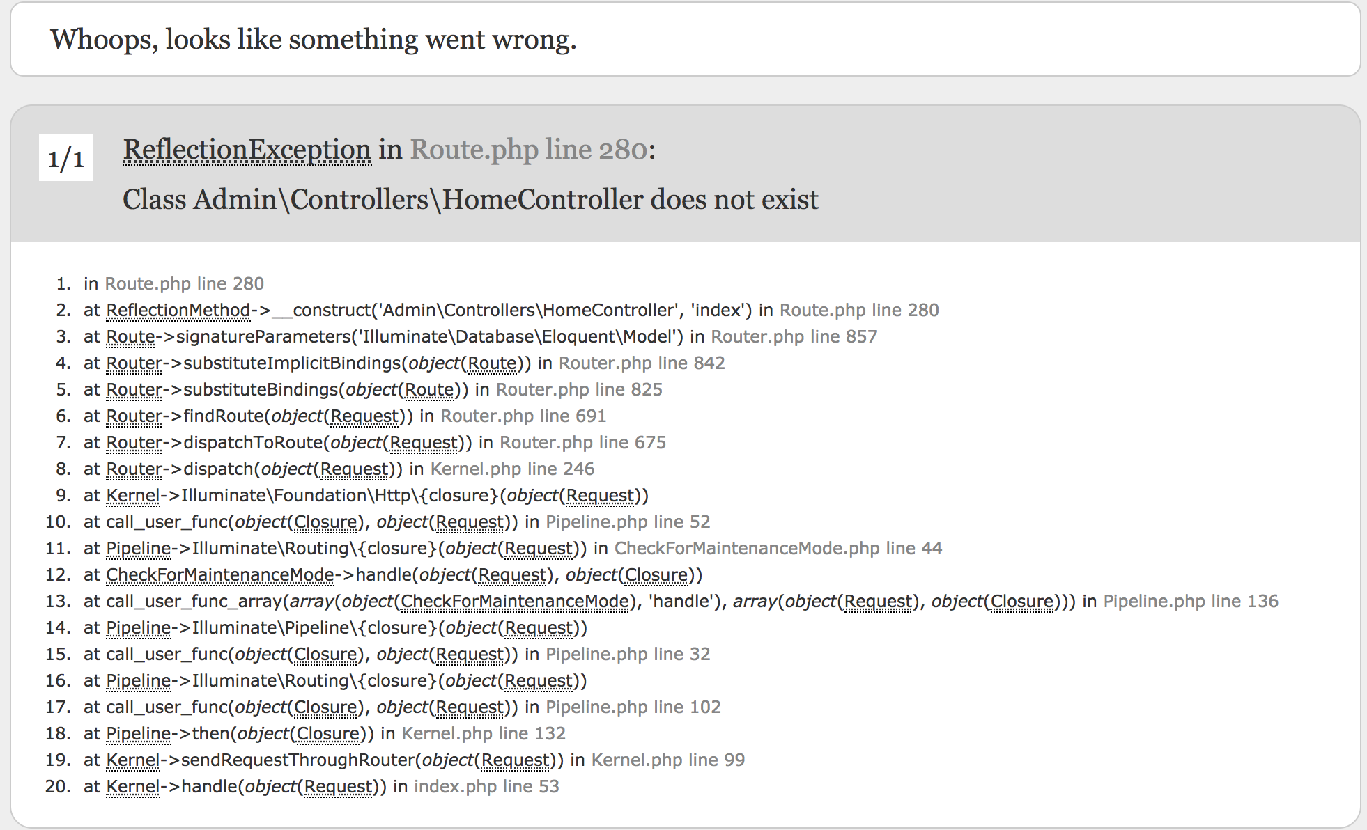 为什么本地测试/admin 是正常的，放服务器上 会出现 Class App\Admin\Controllers\HomeController ...