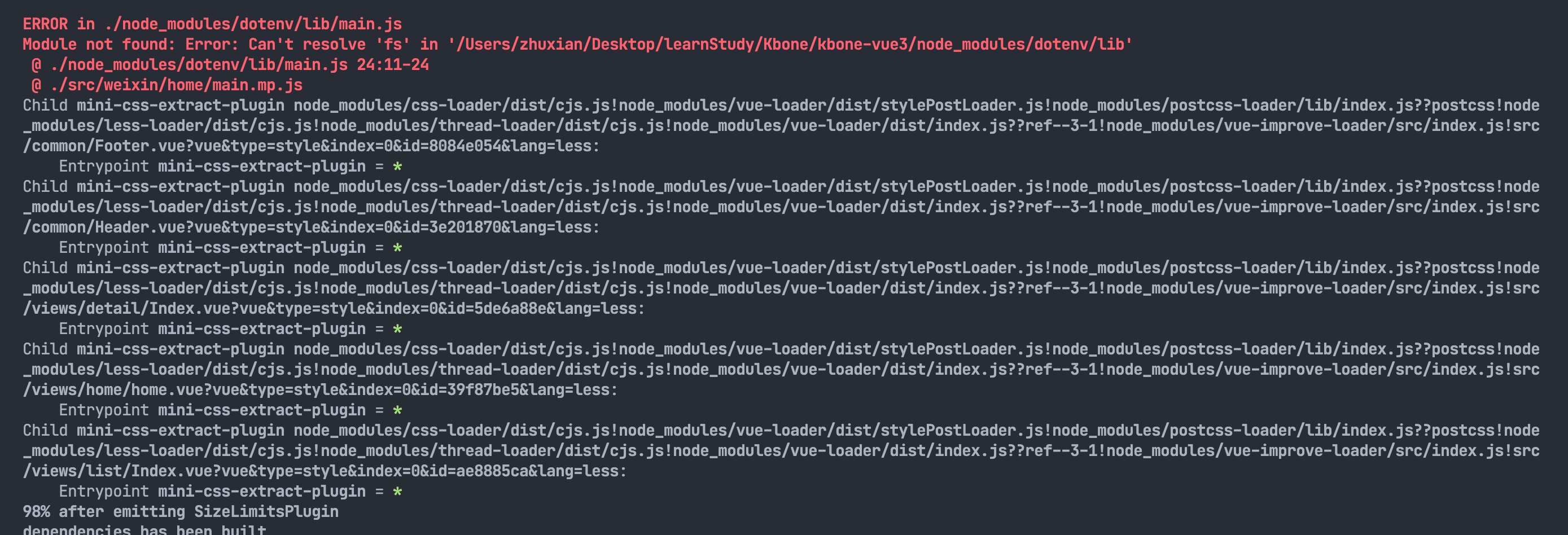 无法使用dotenv包，报Can't resolve 'fs'错误 · Issue #364 · Tencent/kbone · GitHub