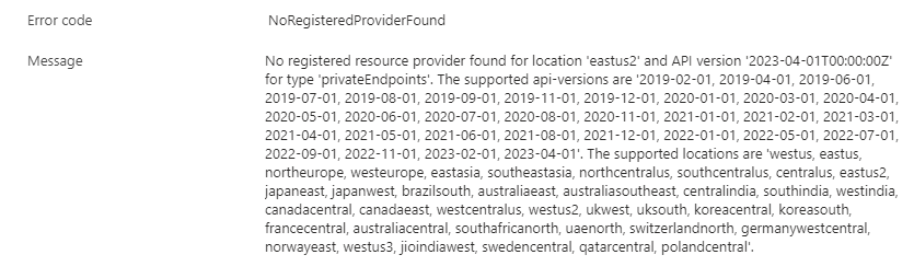 No registered resource provider found for location 'eastus2' and API version '2023-04-01T00:00 ...