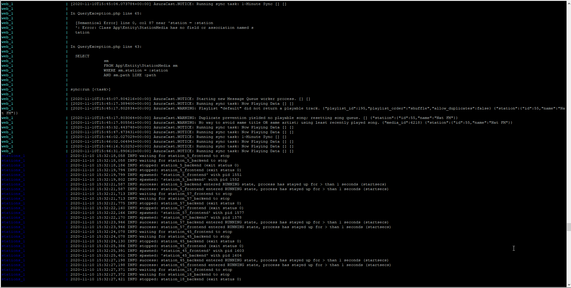 5 minute sync throws a [Semantical Error] line 0, col 87 near 'station = :station ': Error ...