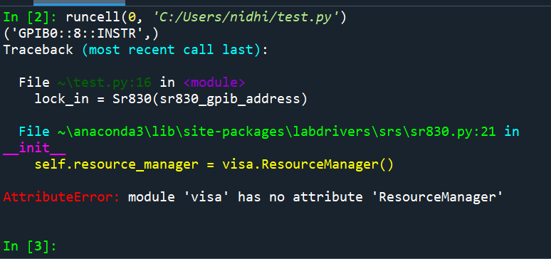 SR830 connection error - "AttributeError: module 'visa' has no attribute 'ResourceManager ...