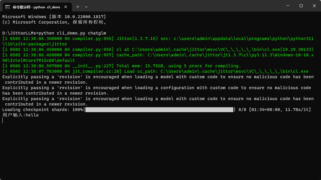 执行`python cli_demo.py chatglm`时，卡住不动 · Issue #90 · Jittor/JittorLLMs · GitHub