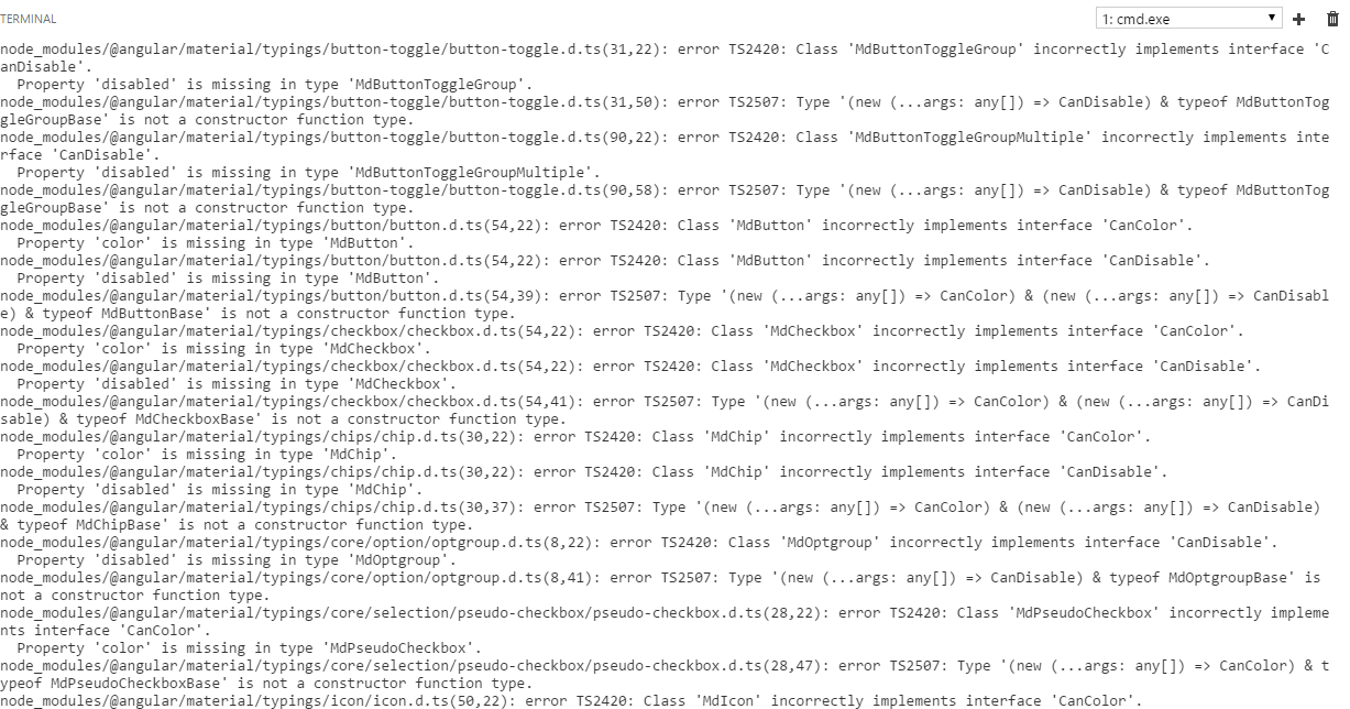 Command "npm start" stopped working on quickstart on installing "Material" via command prompt ...