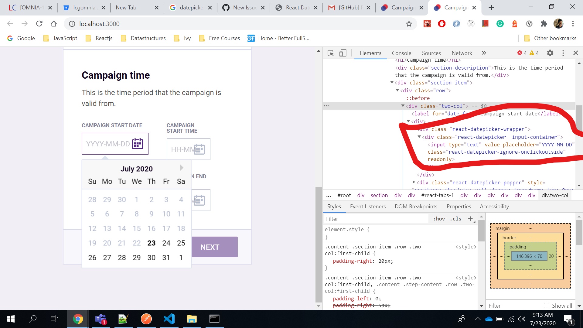 keeping prop readOnly is not allowing to show the calendar. The code written based on that is ...