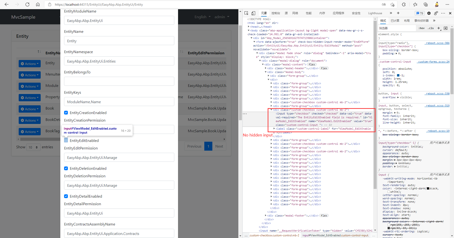 The value of `AbpInputTagHelper.CheckBoxHiddenInputRenderMode` should be `EndOfForm` as default ...