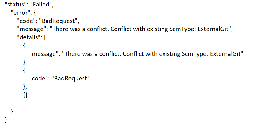 deploy failed with error "There was a conflict. Conflict with existing ScmType: ExternalGit ...