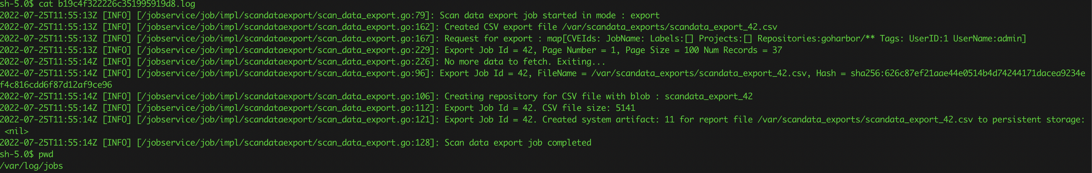 CVE export does not generate log information under /var/log/jobs/ in jobservice container ...