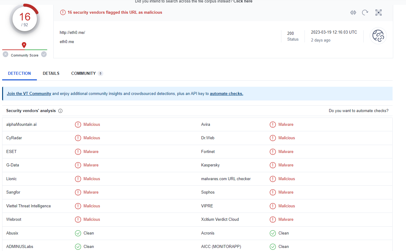 eth0.me flagged as malicious by multiple providers · telekom-security ...