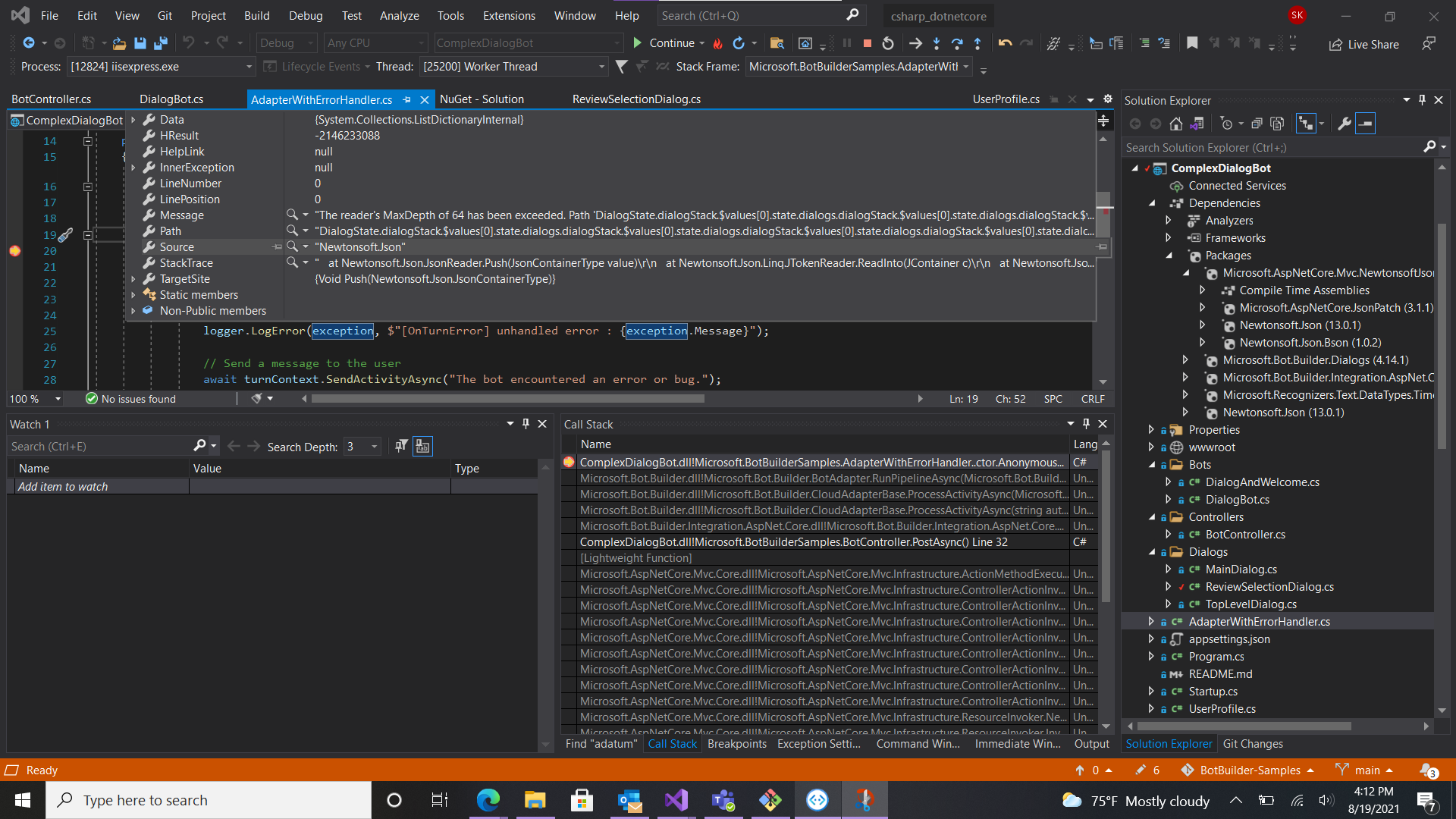 Azure Bot gets on turn error after 64 turn / step : The reader's Max Depth of 64 has been ...