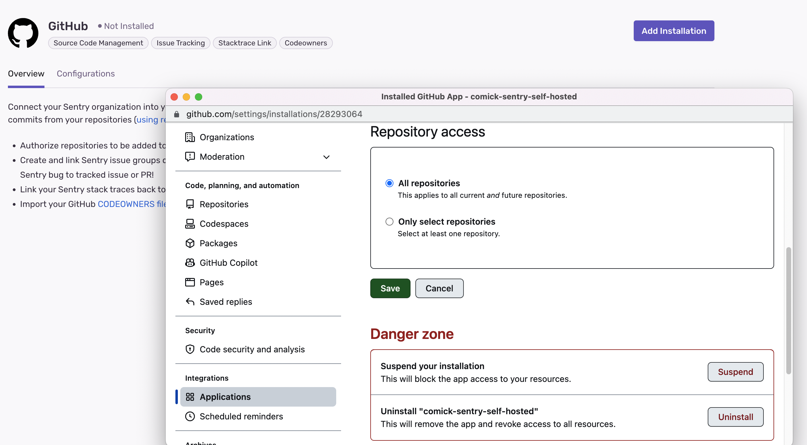 Can not install Github Integration · Issue #1648 · getsentry/self-hosted · GitHub