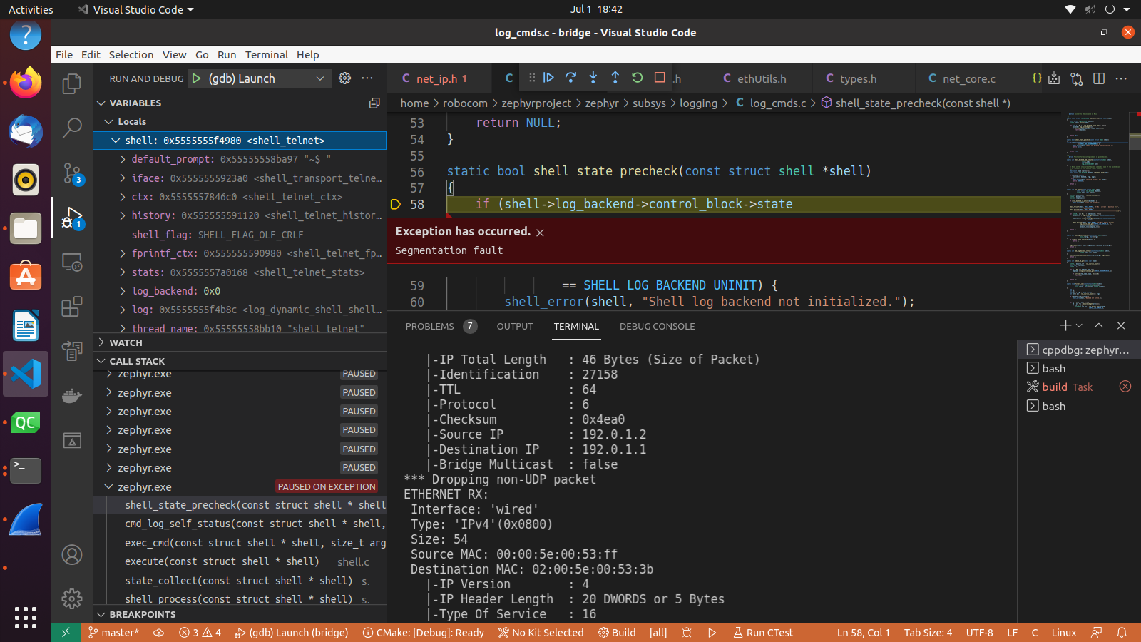 Zephyr Throws Exception for Shell "log status" command when Telnet is shell backend and log is ...
