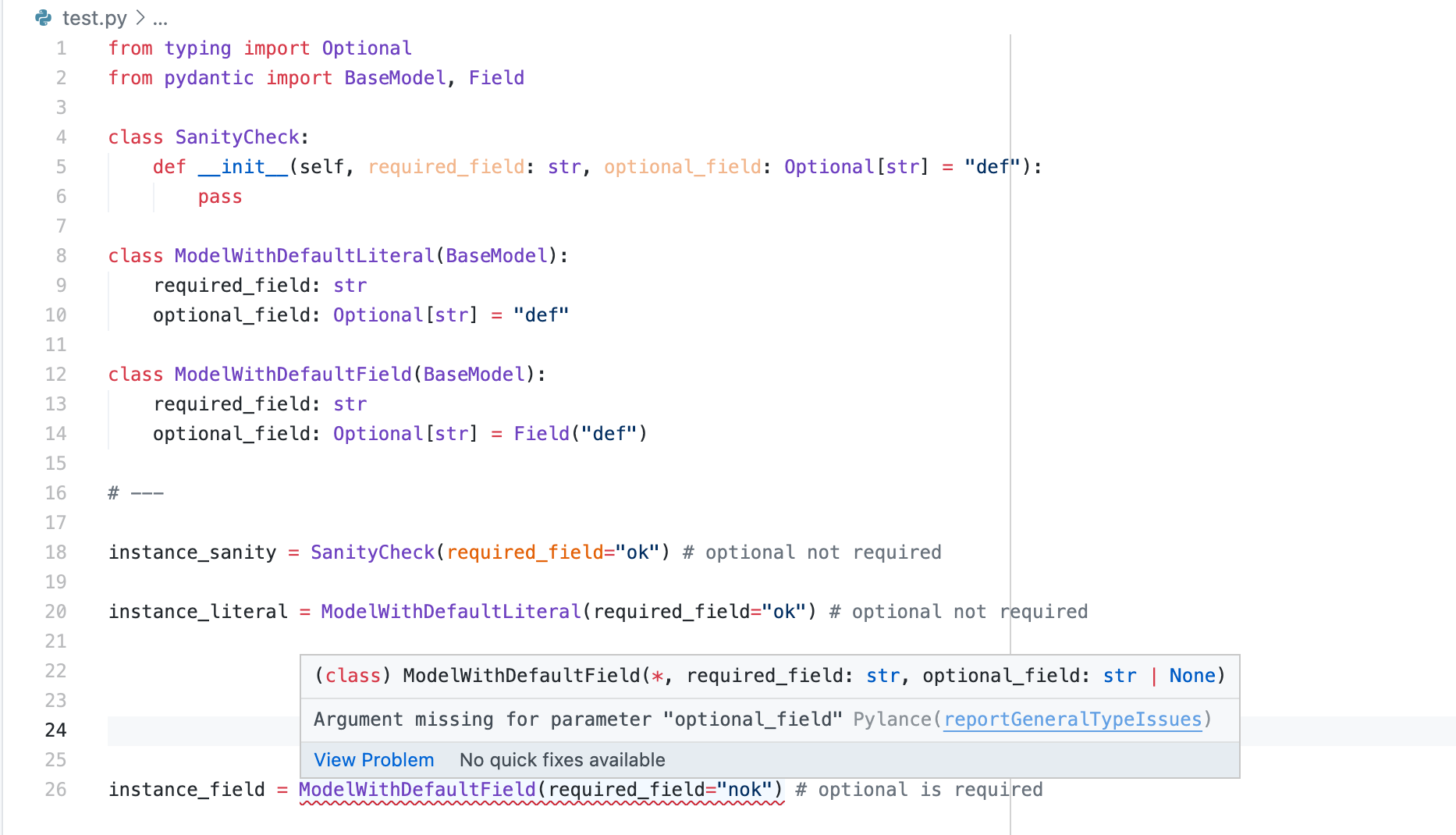 Autocomplete for vscode does not register `Field` defaults when using positional argument ...