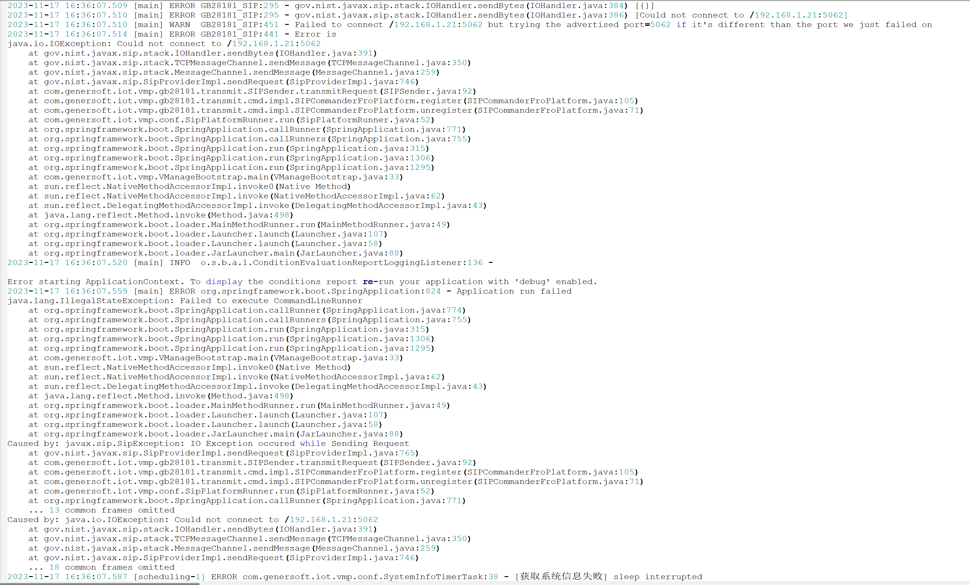 启动报错 Could not connect to /192.168.1.21:5062 · Issue #1161 · 648540858/wvp-GB28181-pro · GitHub