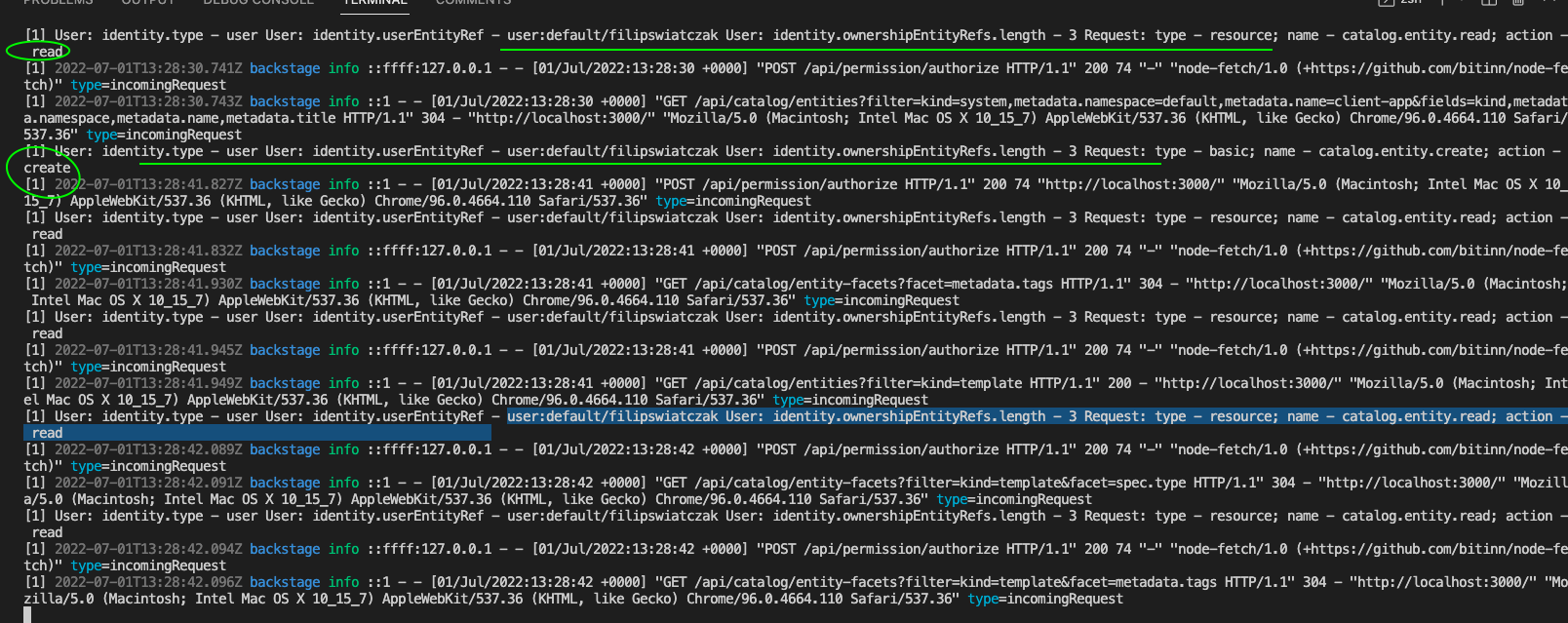 Permissions: Template/Scaffolder: READ missing User object in handle call, CREATE and DELETE ...