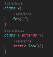 Codelens javascript extended class method is considered a reference to extender static method ...