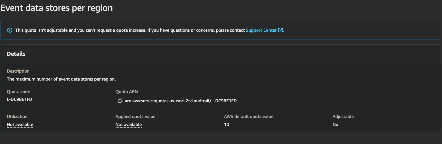 Soft Bug Quota Limit On Cloudtrail Event Data Stores Is 10 Per Account · Issue 34 · Aws