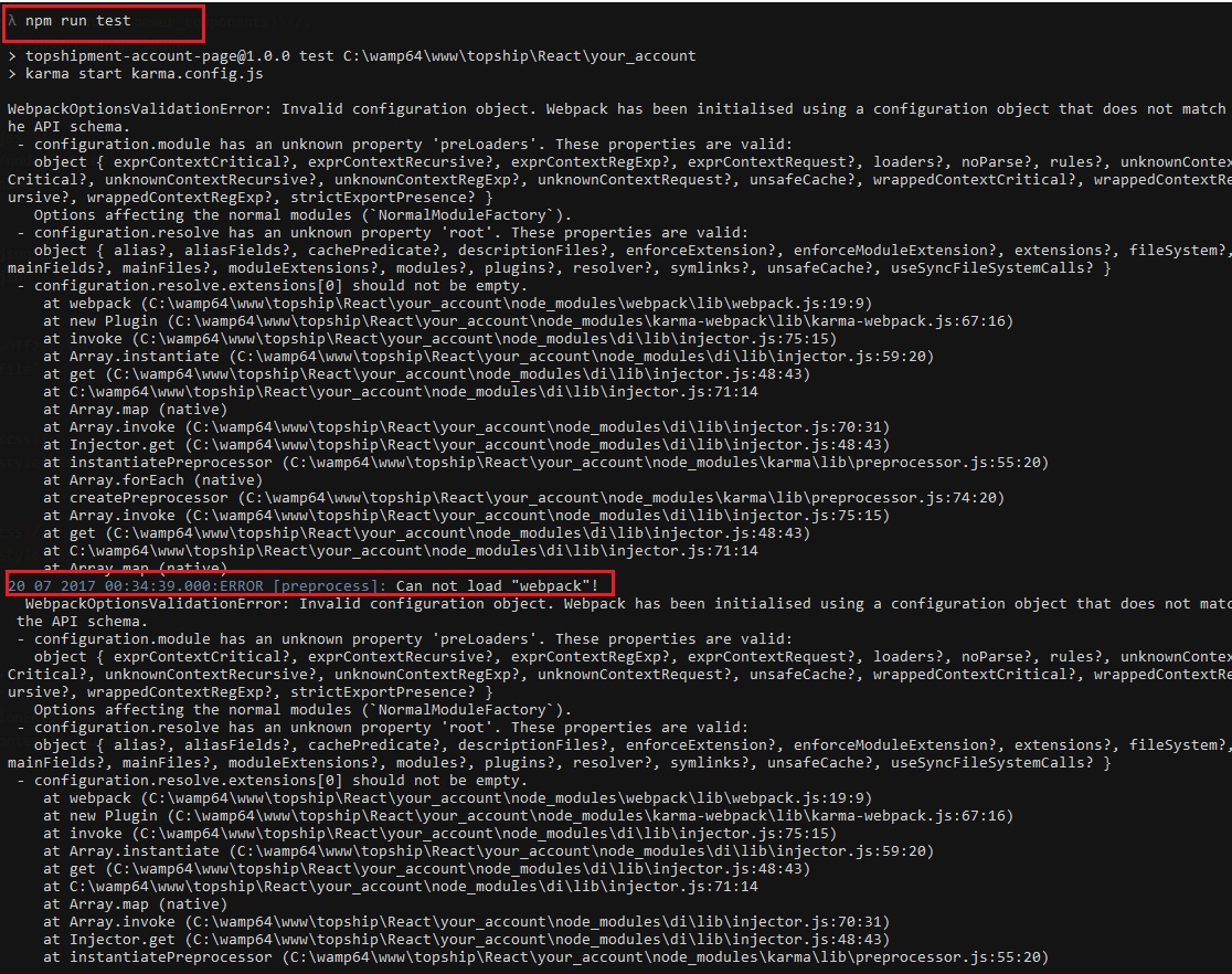 Error Preprocess Can Not Load Webpack Webpackoptionvalidationerror · Issue 2780 · Karma