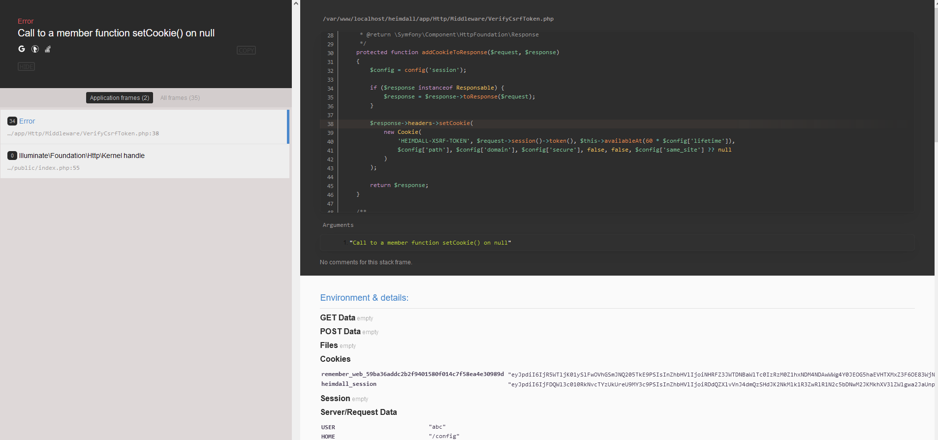 Call to a member function setCookie() on null · Issue #813 · linuxserver/Heimdall · GitHub