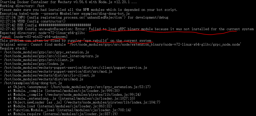 Failed to load gRPC binary module . When run ding-dong-bot.js with wechaty/wechaty Docker ...