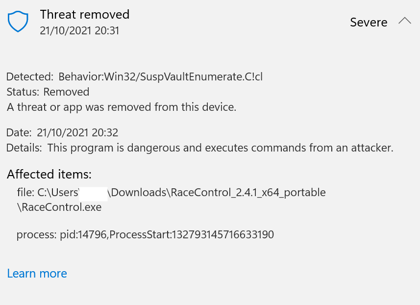 [BUG] racecontrol marked as virus. · Issue #245 · robvdpol/RaceControl · GitHub