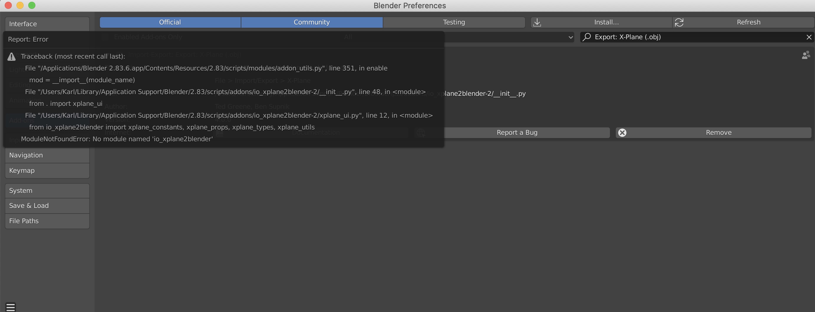 Errors in RC1 Install with Blender 2.83 on MacOS · Issue #589 · X-Plane/XPlane2Blender · GitHub