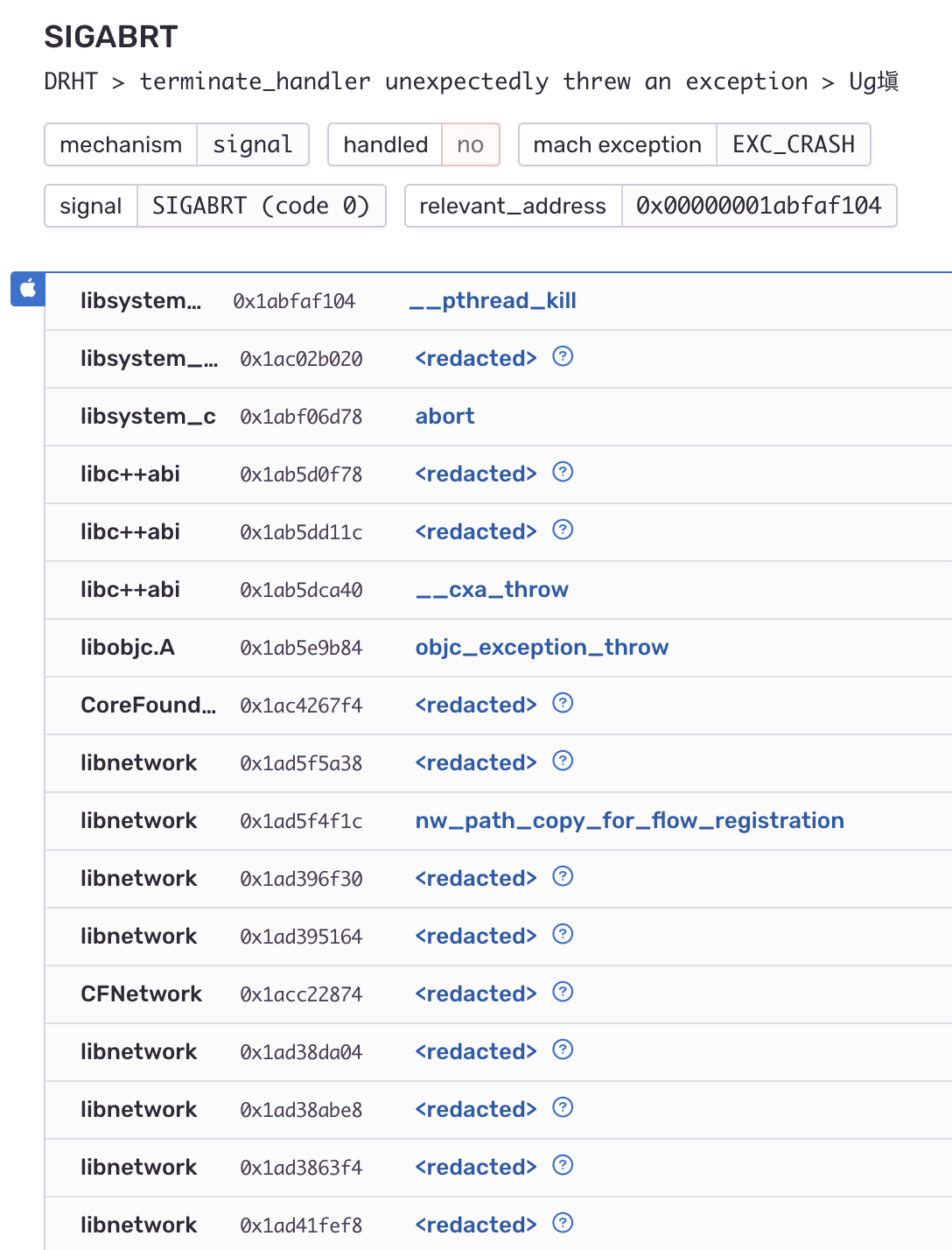 Strange 'Redacted' statements in crash logs · Issue #280 · getsentry/sentry-cocoa · GitHub