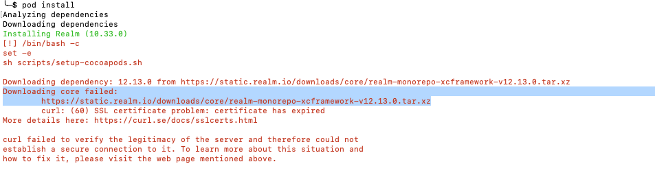 static.realm.io certificate has expired · Issue #8092 · realm/realm-swift · GitHub
