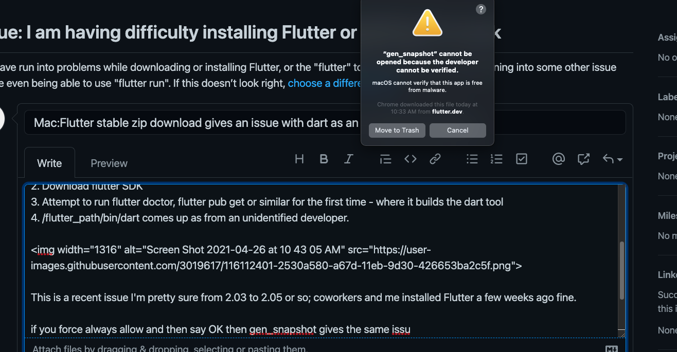 [Mac] Flutter `stable 2.0.5` zip download shows dart "unidentified developer" warning · Issue ...