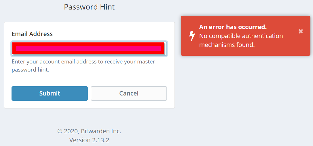 Password reset - No compatible authentication mechanisms found · Issue #734 · bitwarden/server ...