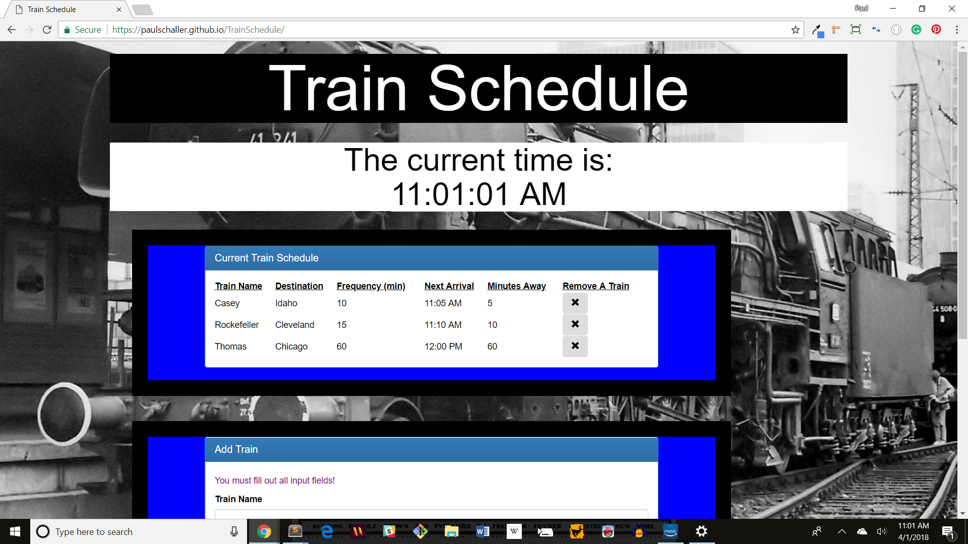 GitHub - PaulSchaller/TrainSchedule: A train schedule is displayed along with a clock. Users are ...