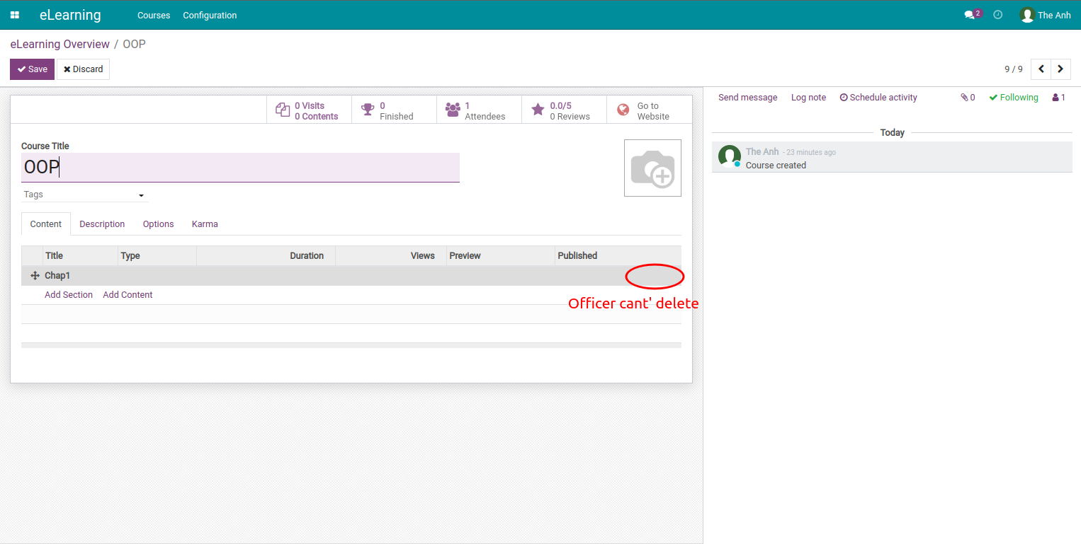 [IMP] eLearning: Officer can't delete sections and contents in a course although they can create ...