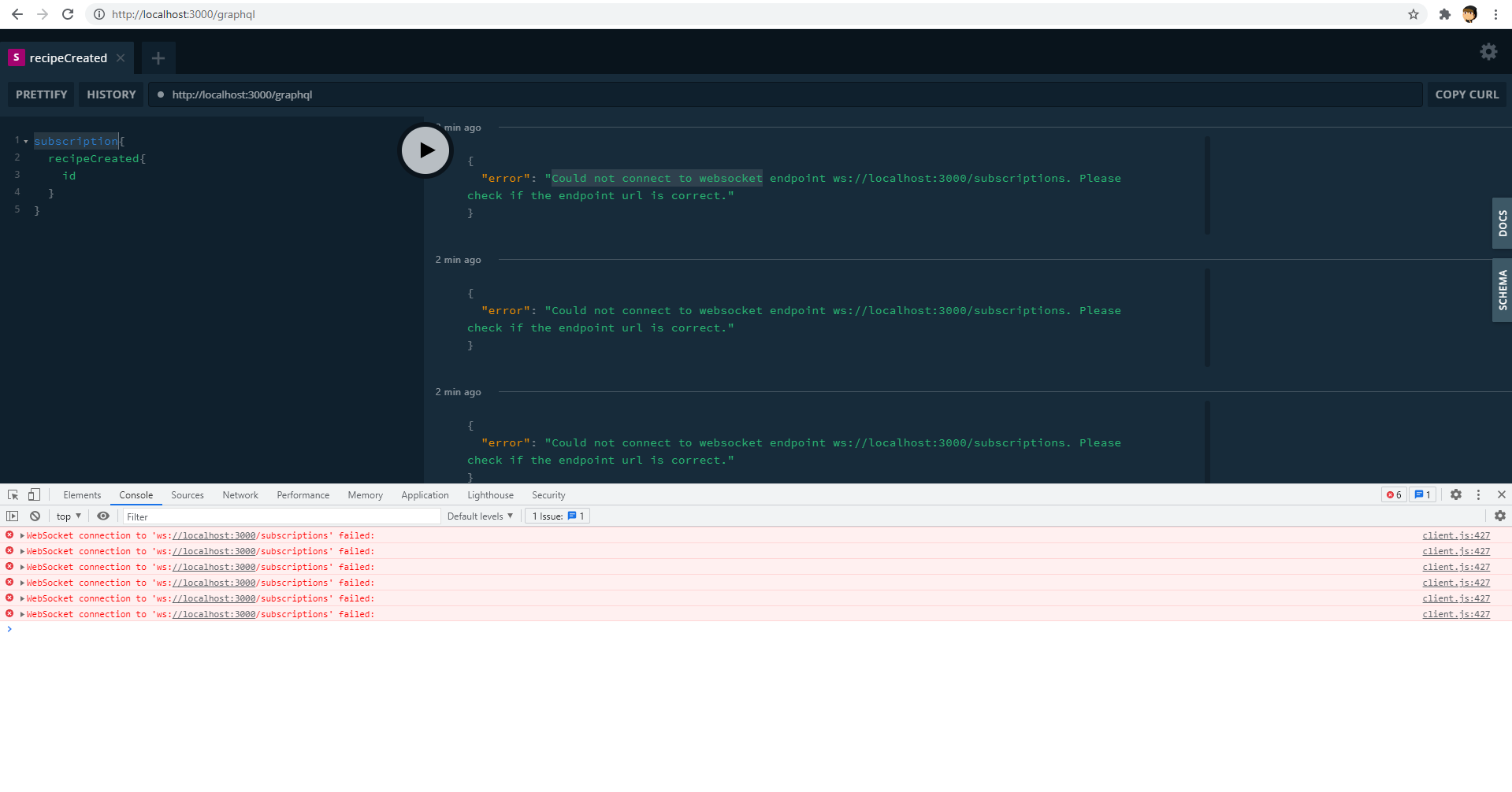 Could Not Connect To Websocket Error When Using Subscription In Graphql Example Source Code 