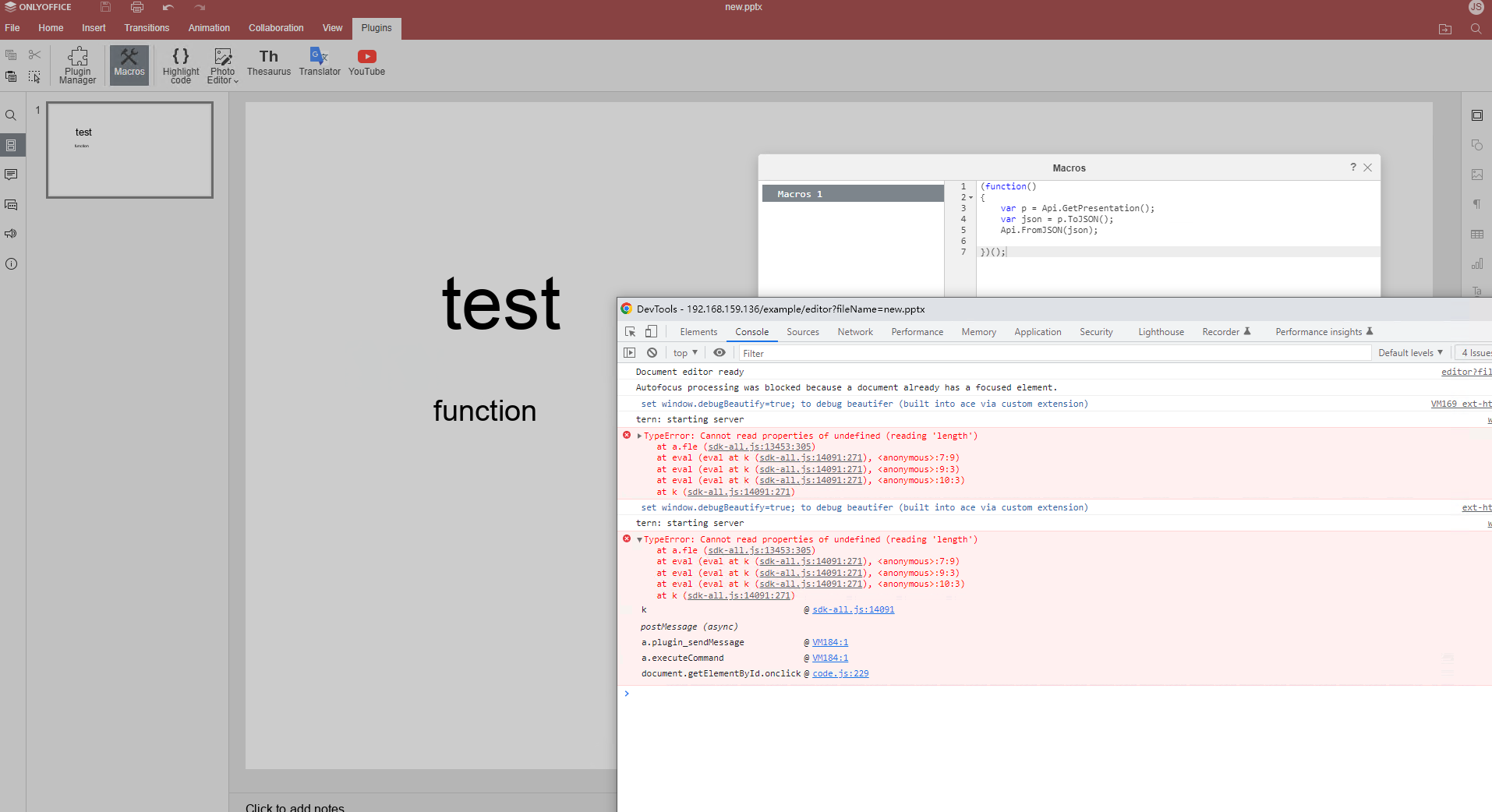 An error has occurred while execute Macros script · Issue #1875 · ONLYOFFICE/DocumentServer · GitHub