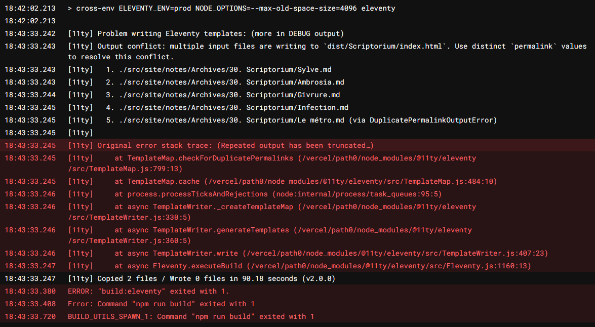 Build error : utput conflict: multiple input files are writing to `dist/Scriptorium/index.html ...