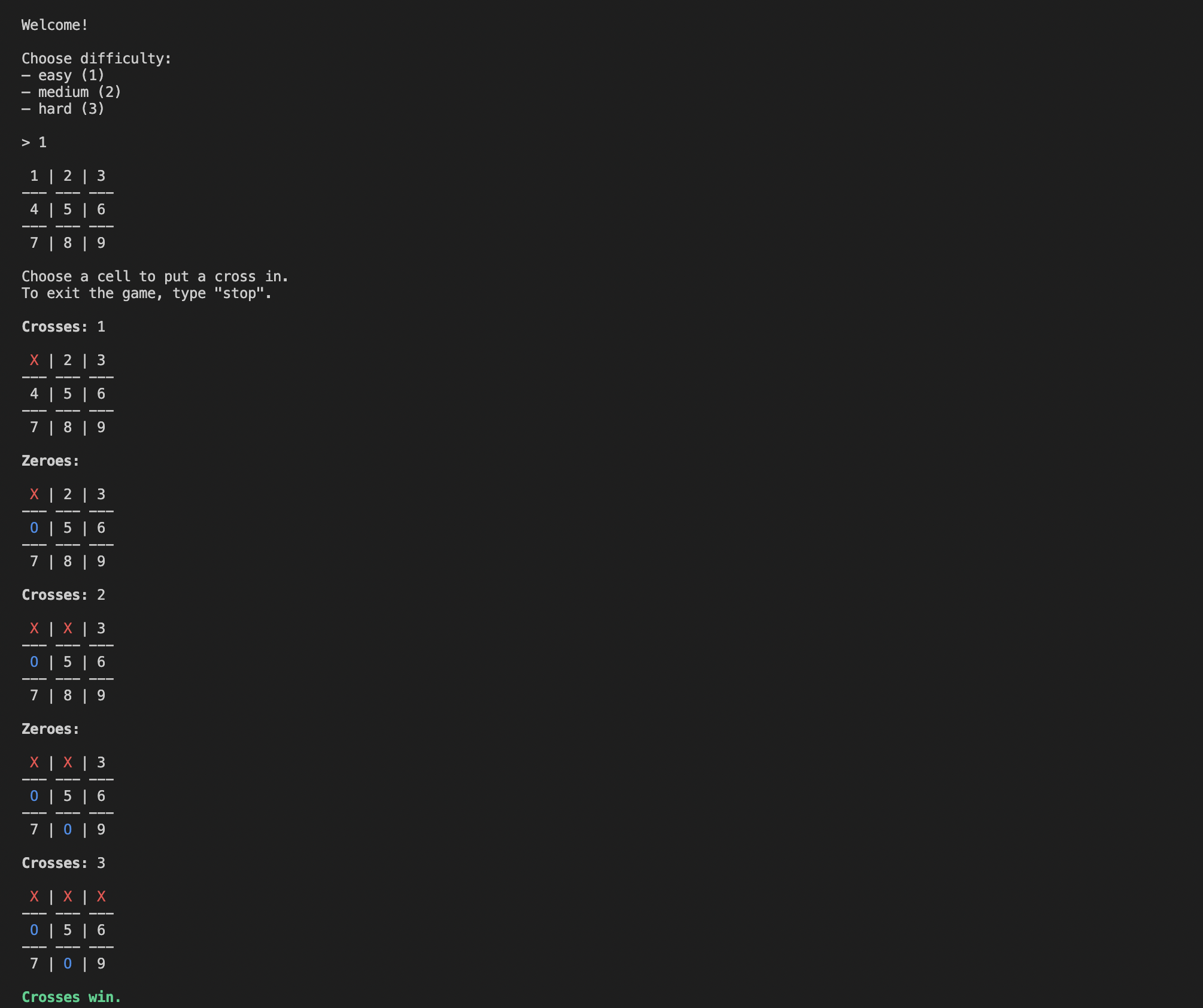 GitHub - asamusam/tic-tac-toe: Classic terminal based noughts & crosses game