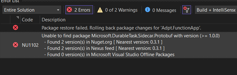 Version 2.9.0 depends on Microsoft.DurableTask.Sidecar.Protobuf version that doesn't exist ...