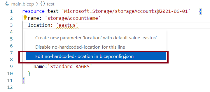 Investigate why this code action doesn't work in visual studio - Edit rule_name in bicepconfig ...