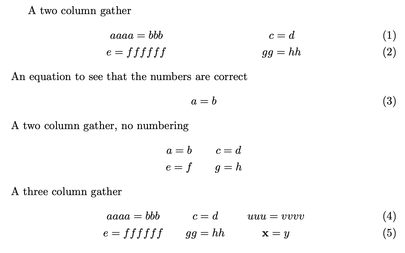 Support multiple columns in `gather` and `gather*` · Issue #690 · latex3/latex2e · GitHub