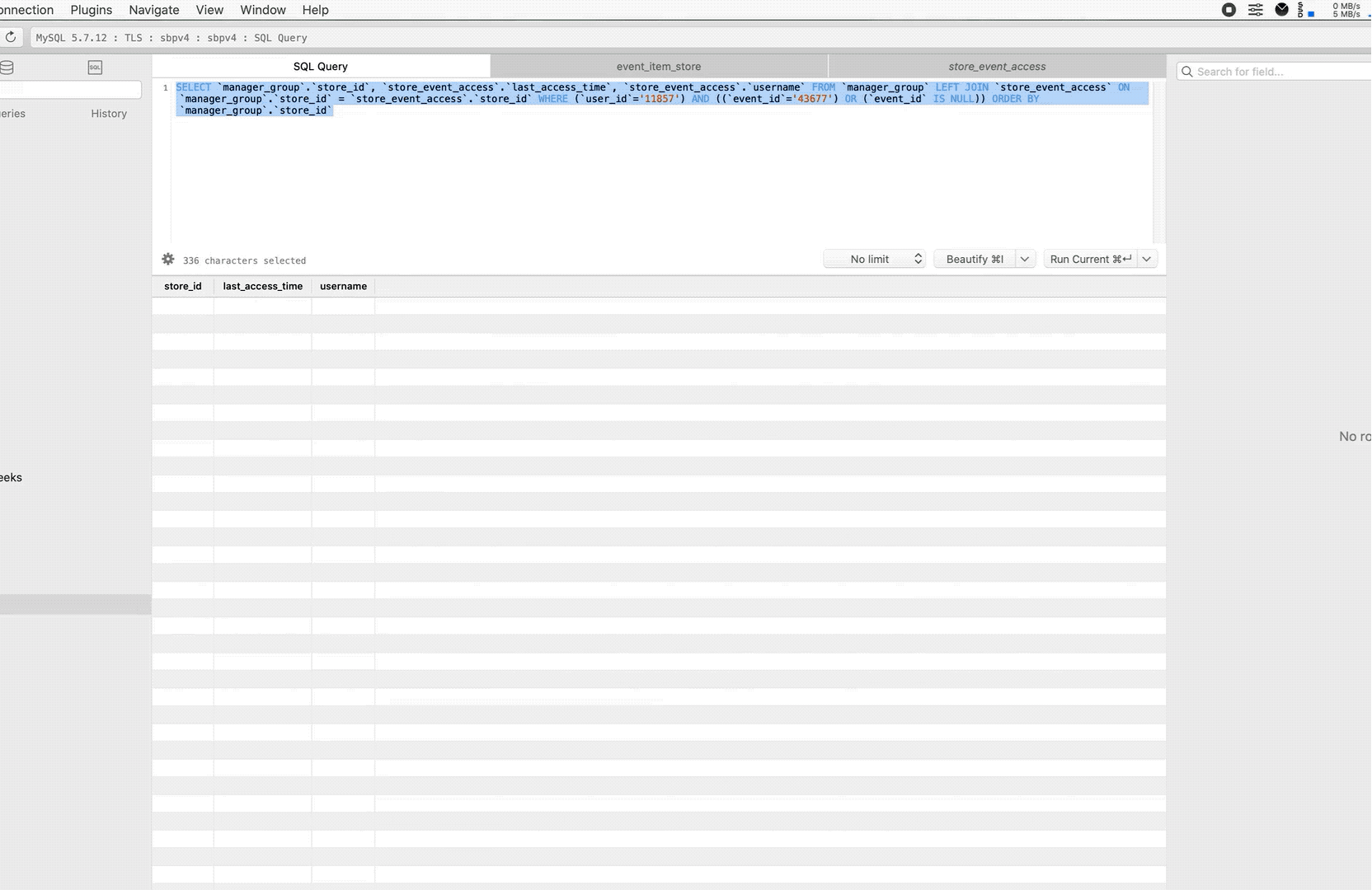 Query causes TablePlus to reconnect to the DB and no results are shown ...