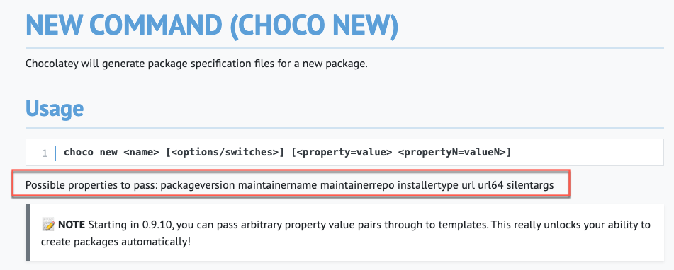 Formatting for the choco new command is difficult to follow · Issue #540 · chocolatey/docs · GitHub