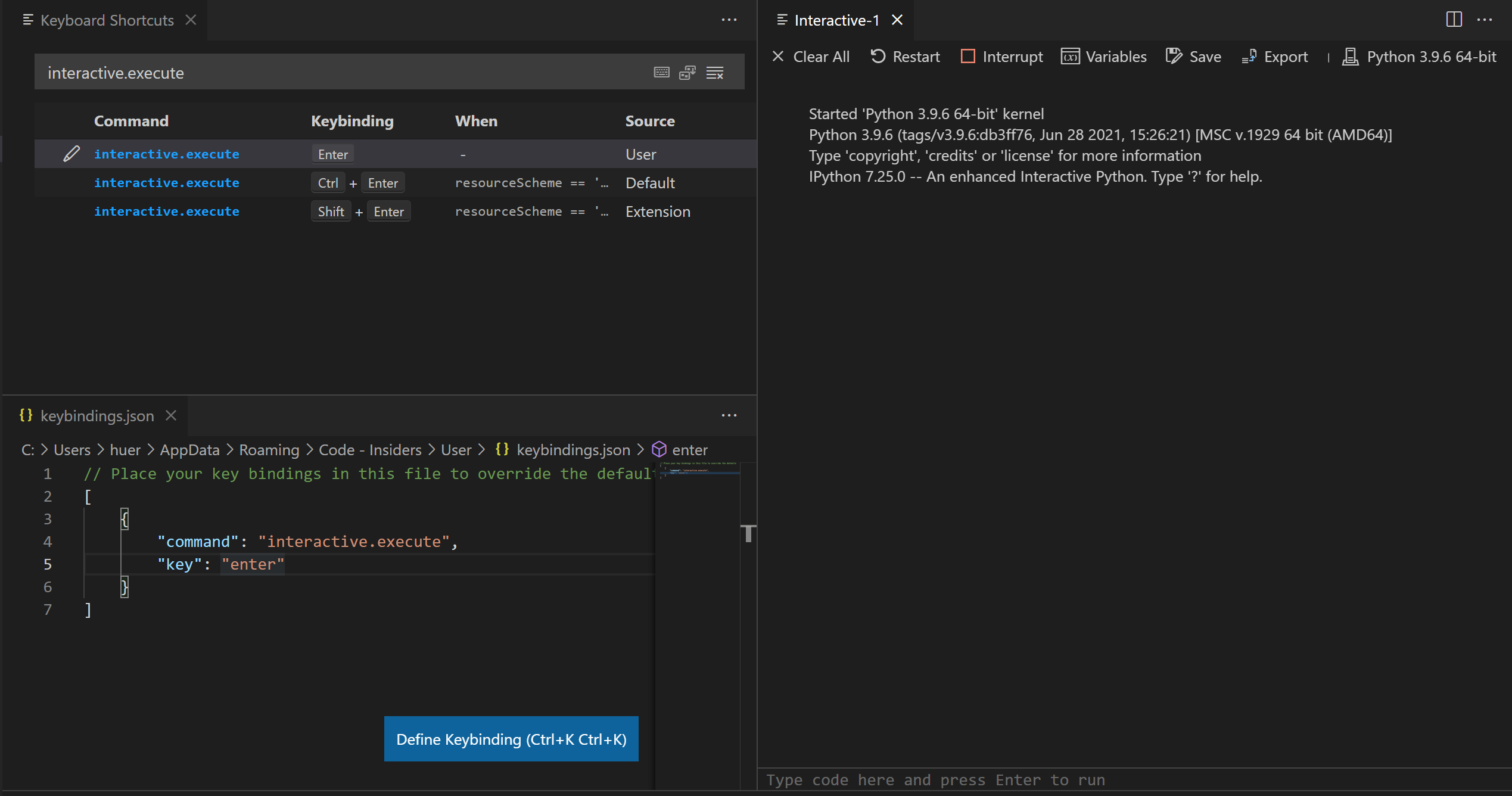 Ability To Change Default shift enter To enter When Running Code In 