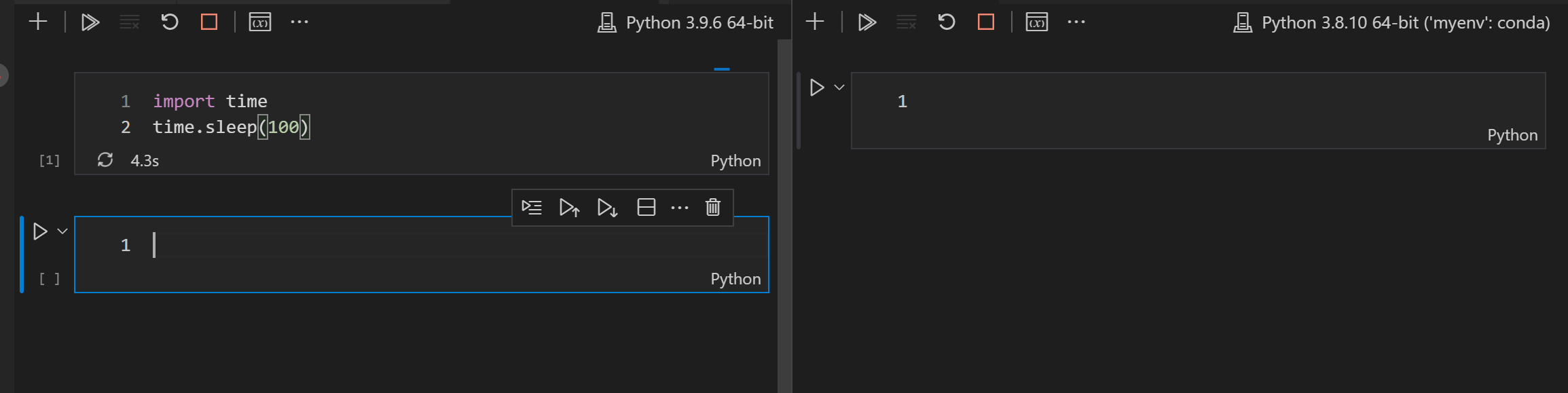 With two notebooks side by side, enabling restart and interrupt buttons in one notebook also ...