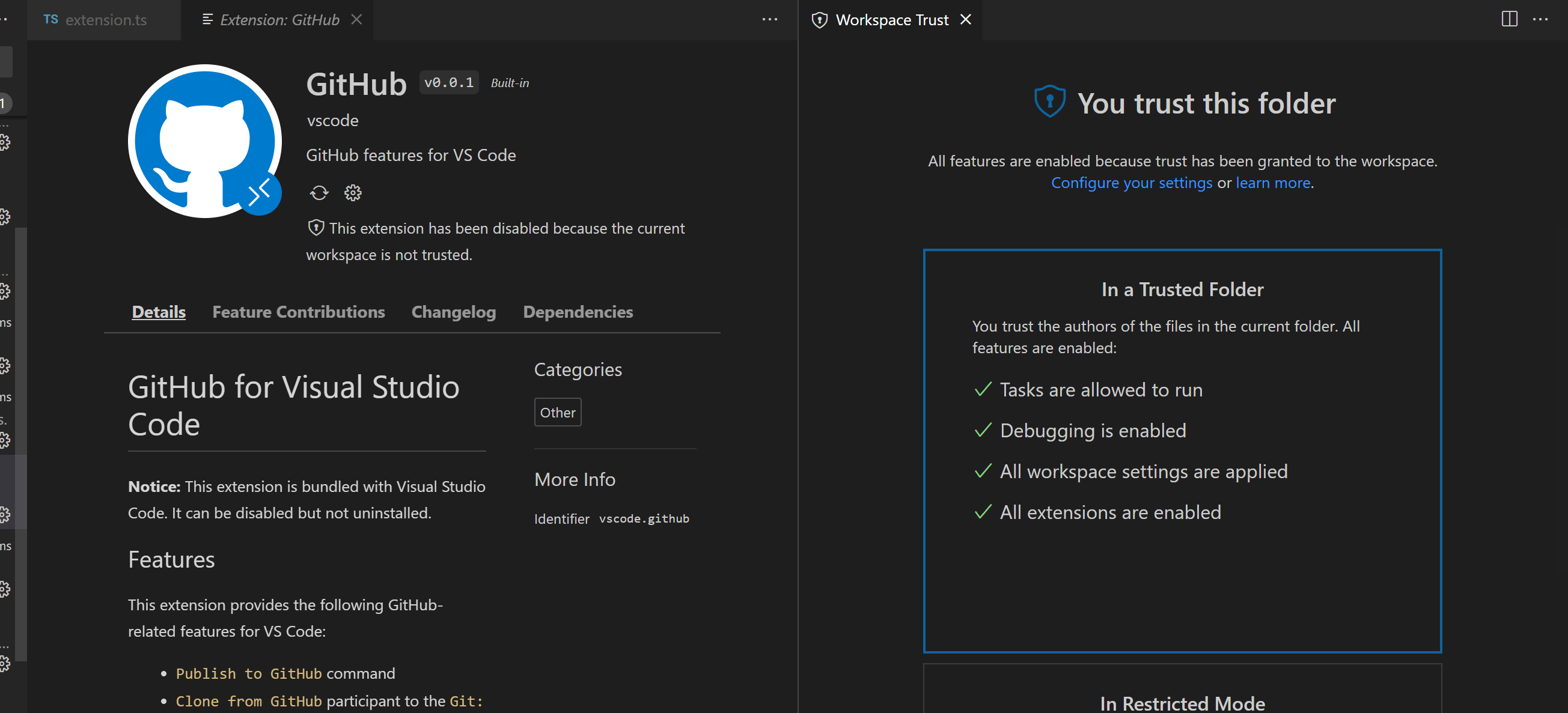 Builtin Github Extension Is Disabled In Untrusted Workspace · Issue 3850