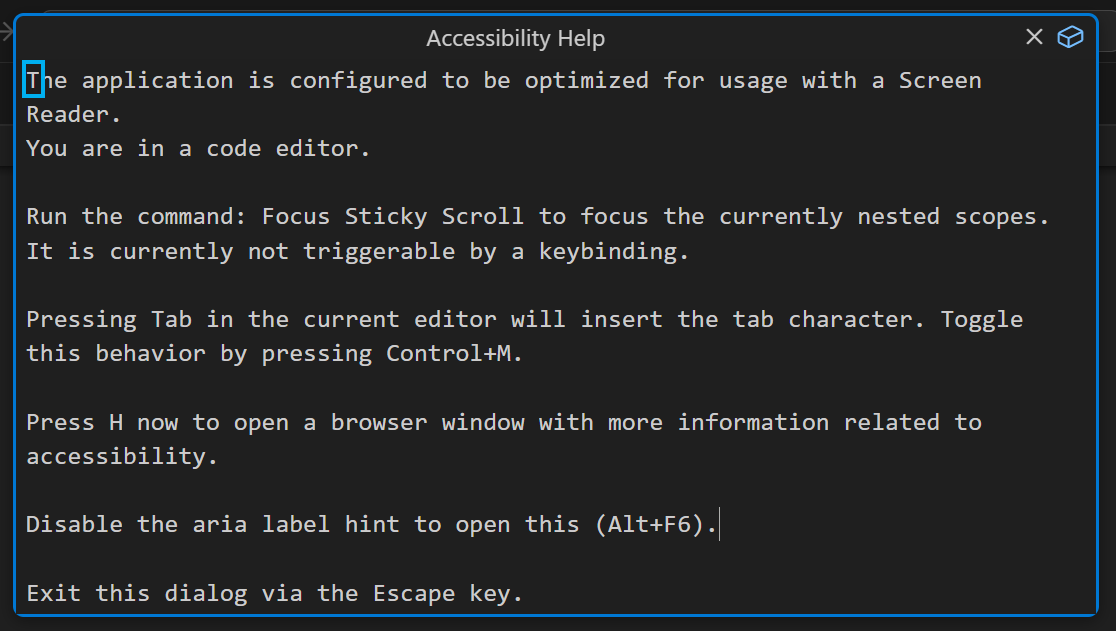 Confusing Accessibility Help Message In An Editor · Issue 191672 · Microsoft Vscode · Github