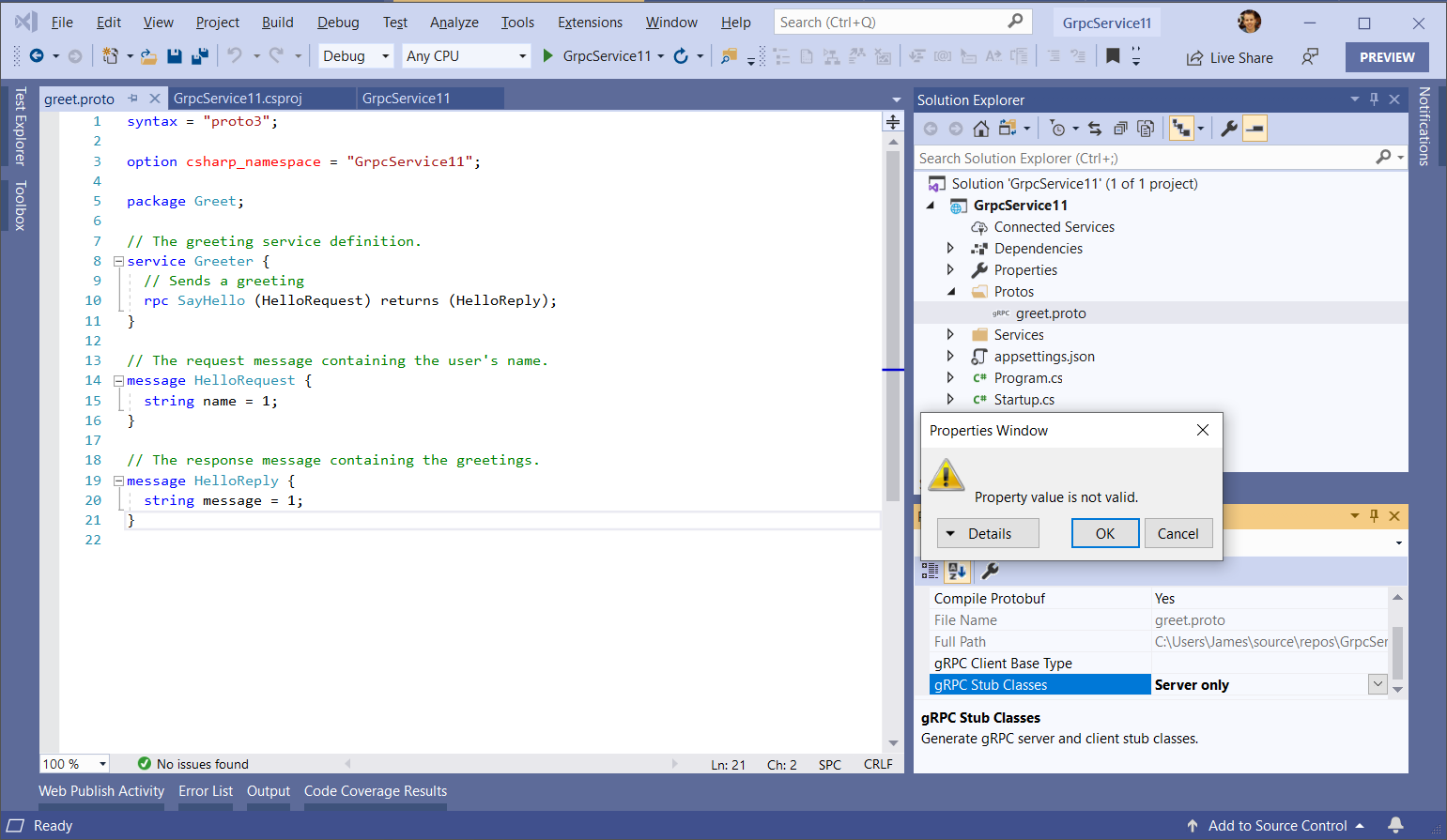 Visual Studio error when changing proto properties in gRPC template ...