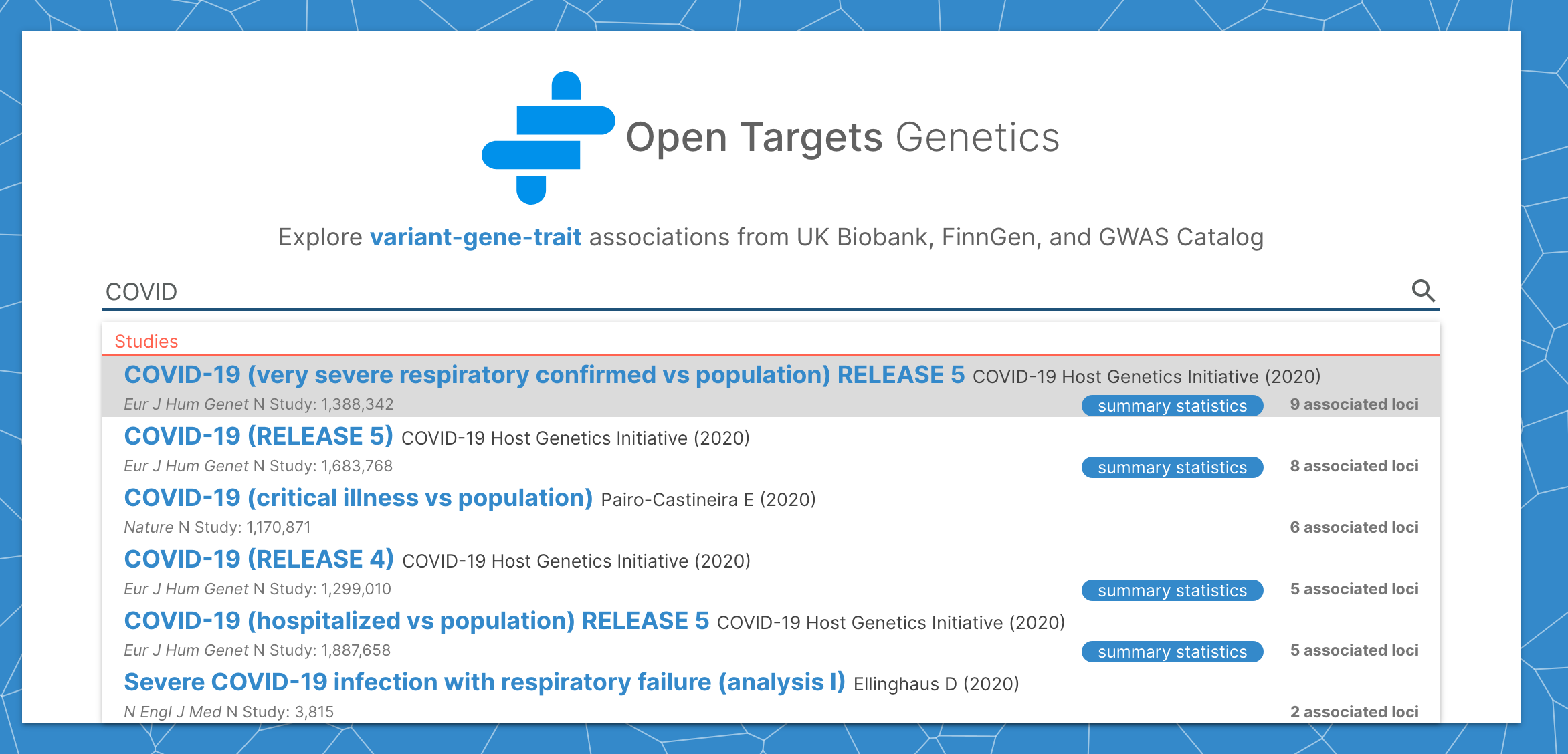 When I search for amyotrophic lateral sclerosis in the genetics portal, I get this - top study ...