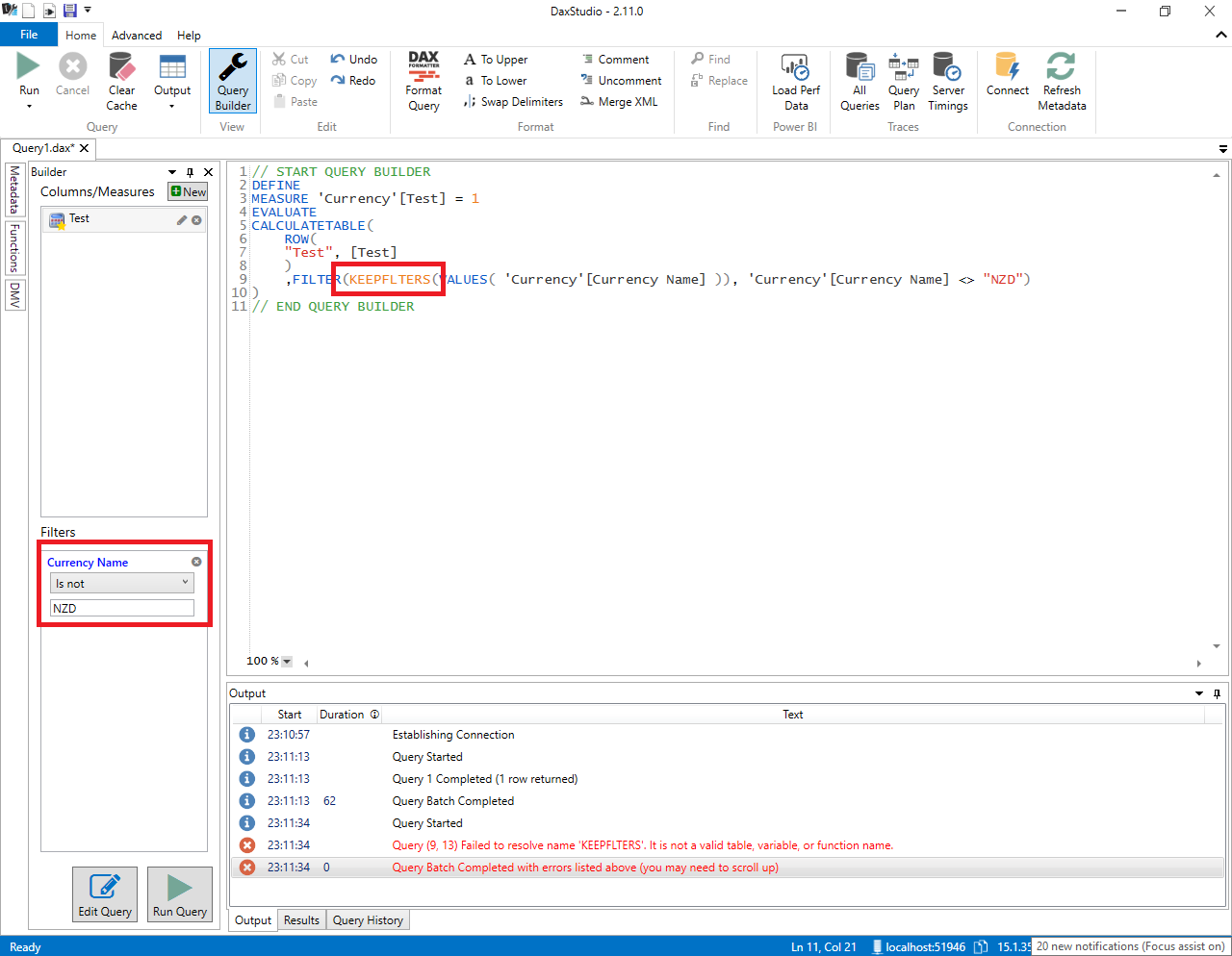 When using Query Builder with an "Is not" filter, KEEPFILTERS is misspelled as KEEPFLTERS in the ...
