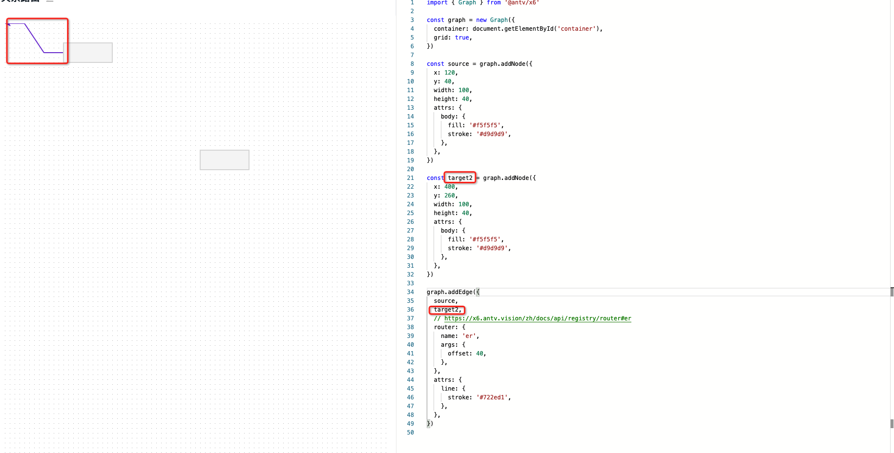 官网ER路由示例中，将target变量名修改后，连线就会错乱 · Issue #2474 · antvis/X6 · GitHub